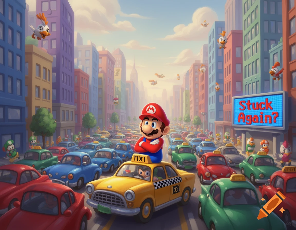 Mario sits on a yellow taxi's roof, arms crossed, in a bustling city ...