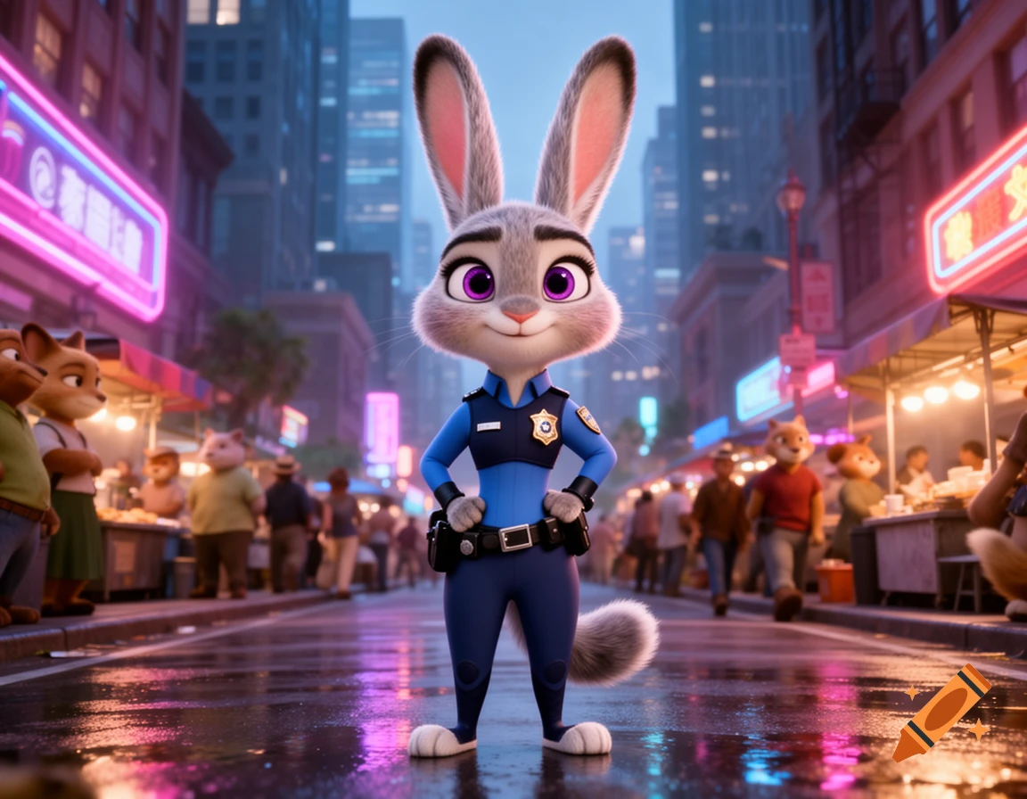 Judy Hopps, a cartoon rabbit police officer, stands in a neon-lit city ...