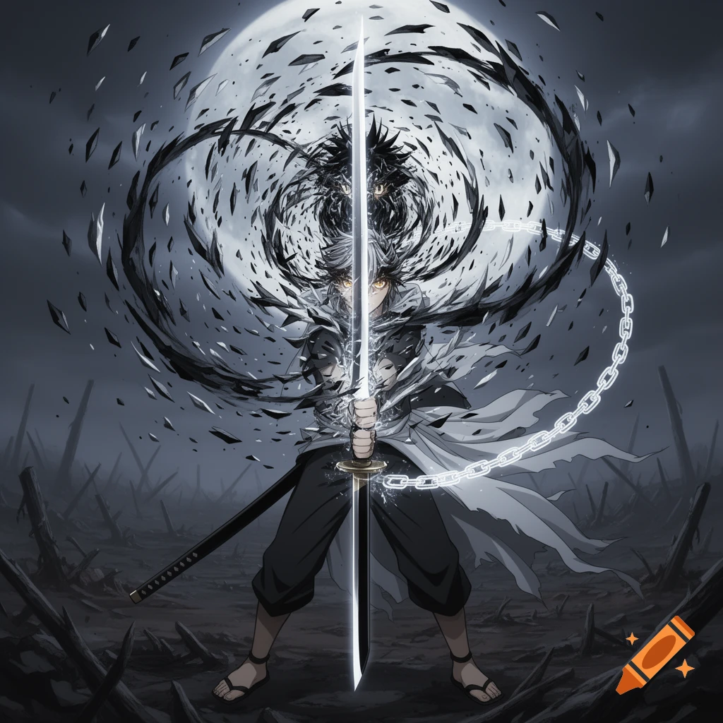 An anime swordsman with glowing yellow eyes, holding a radiant sword ...