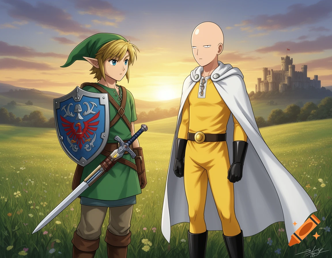 Anime-style Link from Zelda and Saitama from One-Punch Man stand in a ...