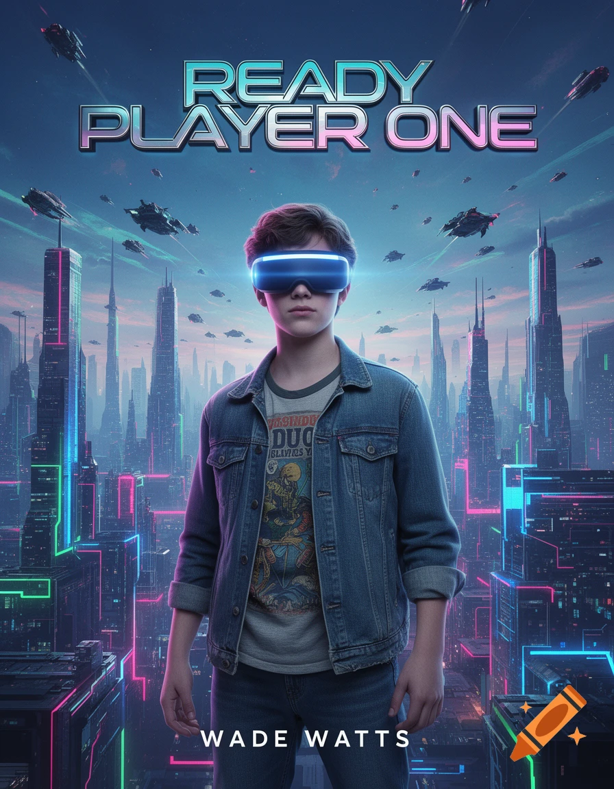A boy wearing a glowing VR headset stands in a futuristic city with ...
