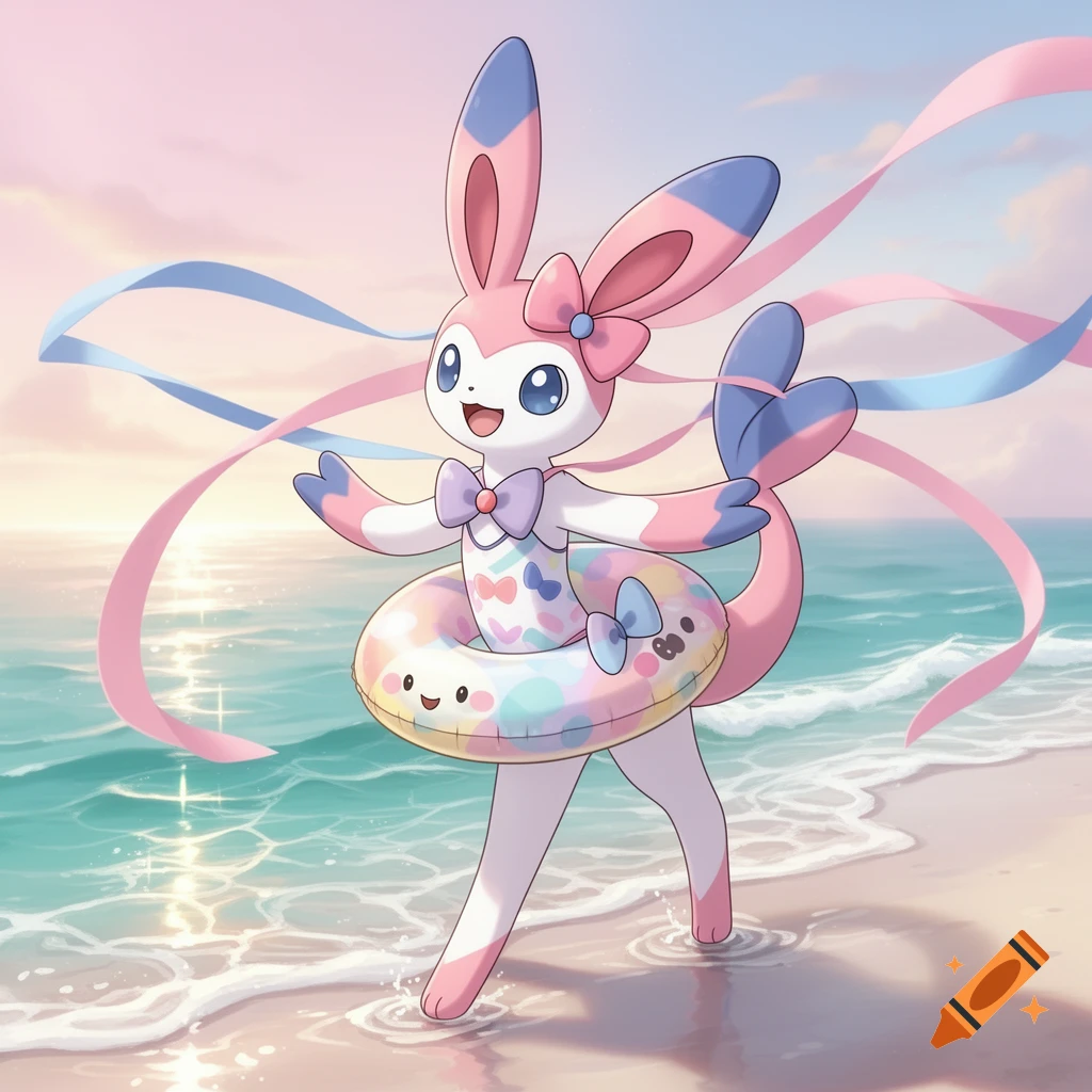 Anime Sylveon wearing a pastel swimsuit and a cute float ring, standing ...
