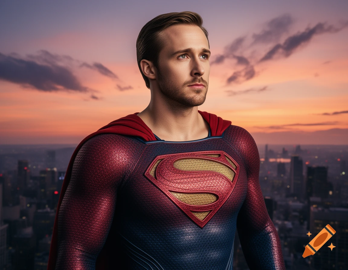 Photorealistic image of Ryan Gosling as Superman, standing against a ...