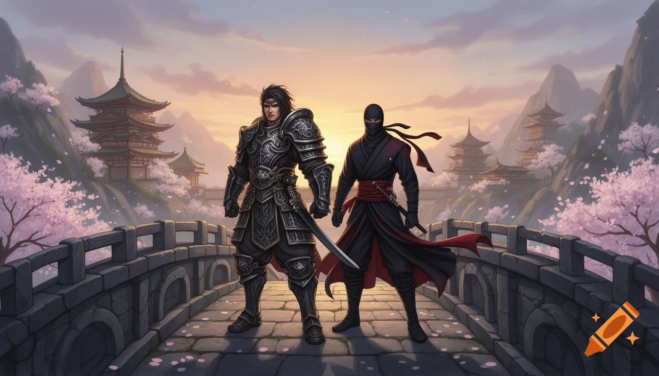A warrior and a ninja stand on a stone bridge in a Japanese fantasy ...