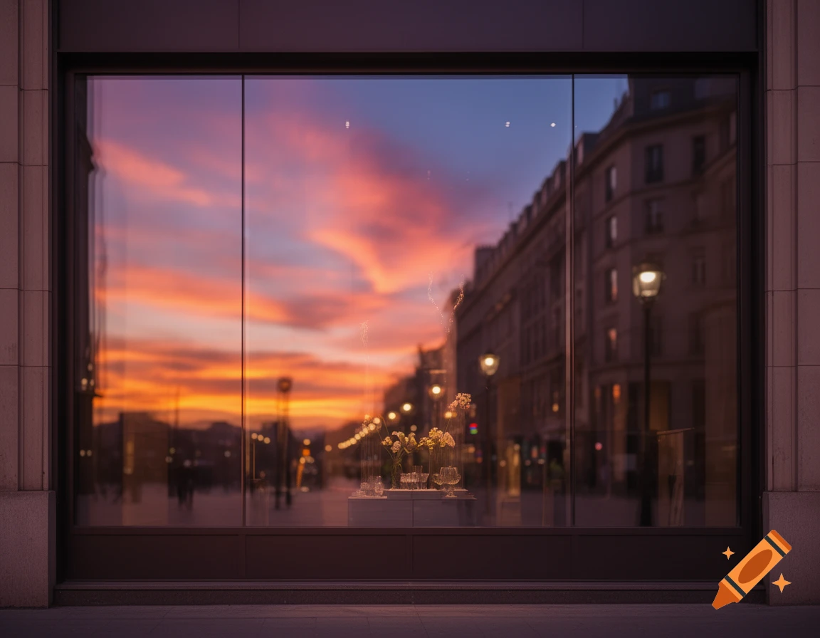 Photorealistic image of a storefront window reflecting a vibrant sunset ...