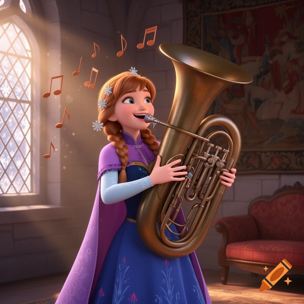 Princess Anna from Frozen plays a bronze tuba in a sunlit castle, with ...