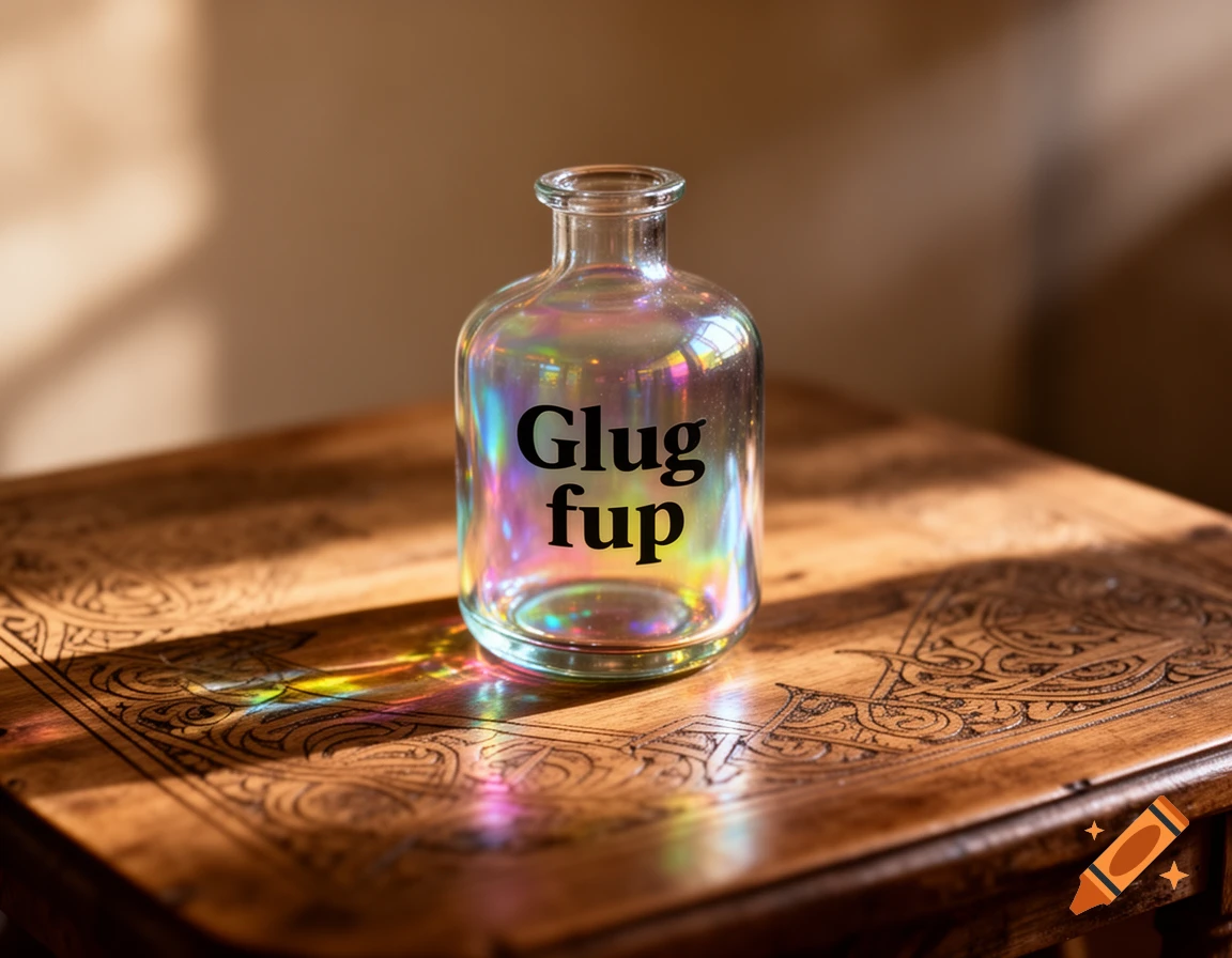 An iridescent glass bottle with "Glug fup" on a carved wooden table ...