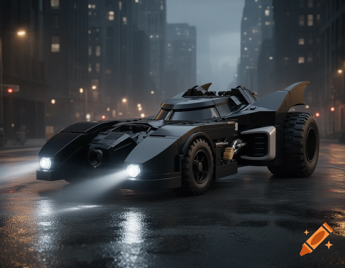 Photorealistic black Lego Batmobile on a wet city street at night ...