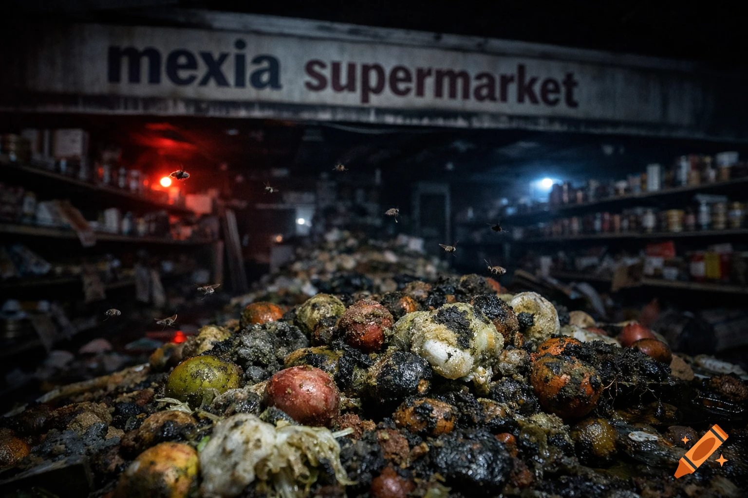 Dark, abandoned 'mexia supermarket' filled with a large pile of rotting ...
