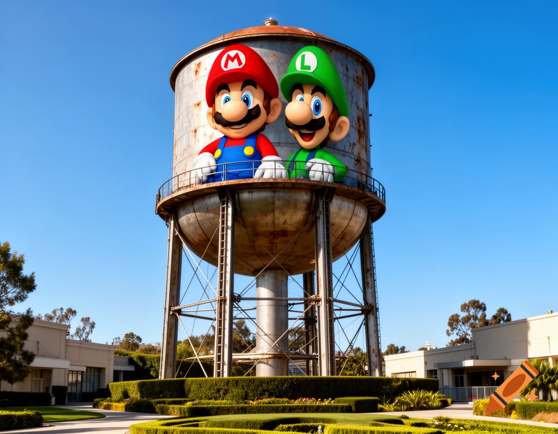 Photorealistic image of Mario and Luigi characters on a rustic water ...