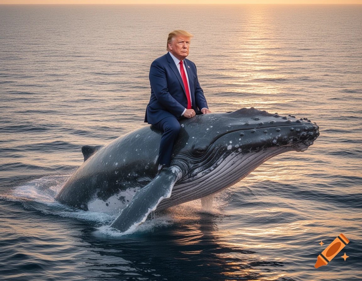 Photorealistic image of Donald Trump riding a humpback whale in the ...