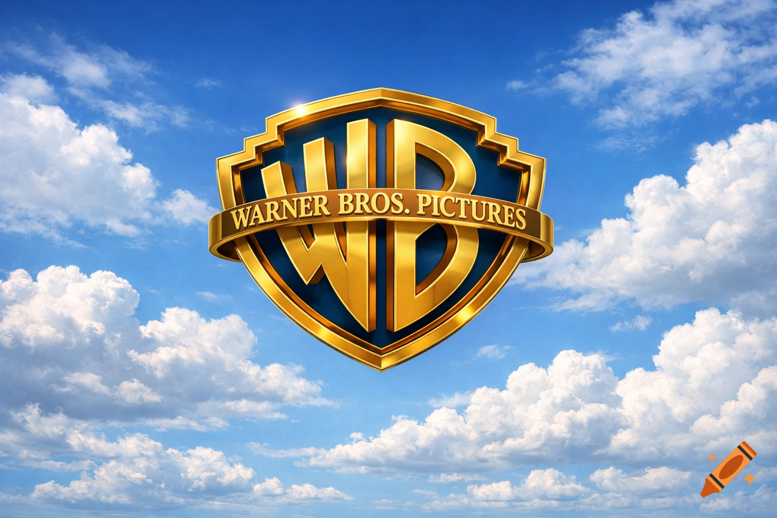 Golden Warner Bros. Pictures logo on a blue shield, set against a ...