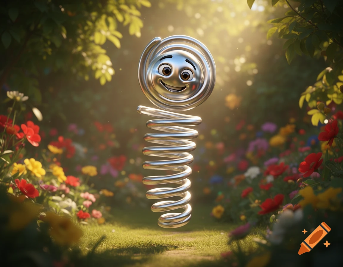 A smiling metallic spring character stands in a sunny, vibrant garden ...