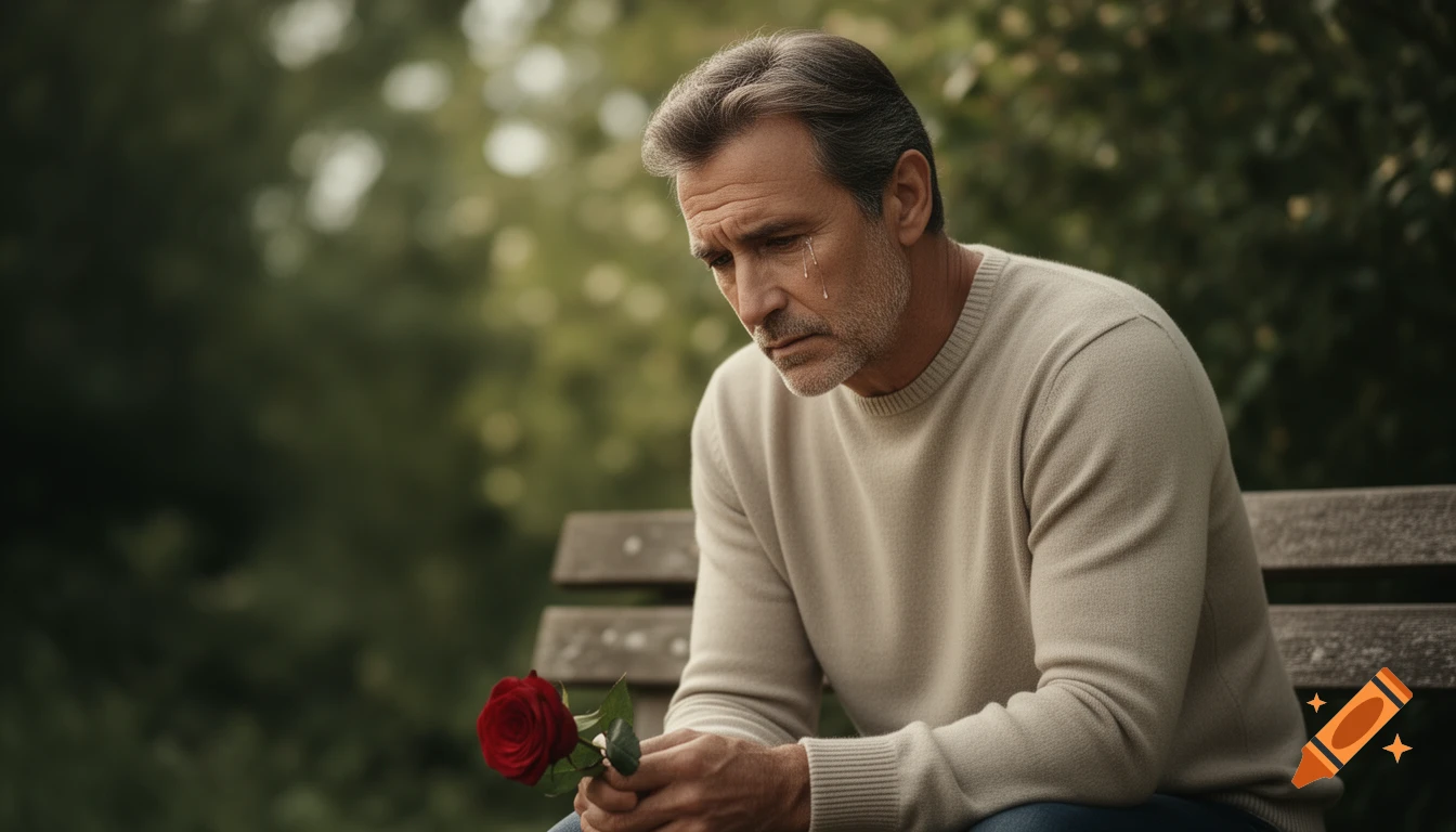 Photorealistic portrait of a sad mature man sitting on a bench, crying ...