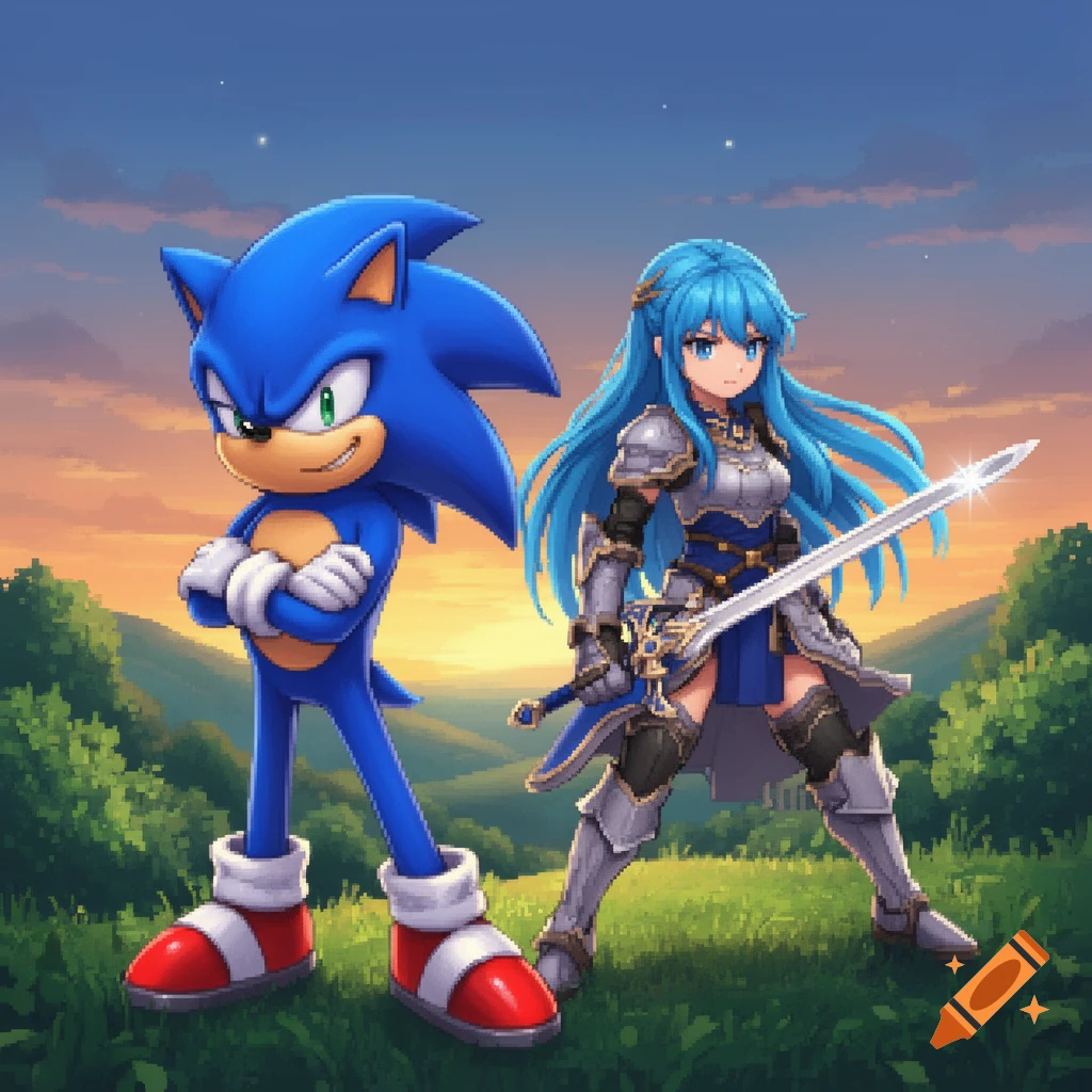 Sonic the Hedgehog and Lucina from Fire Emblem stand in a pixel art ...