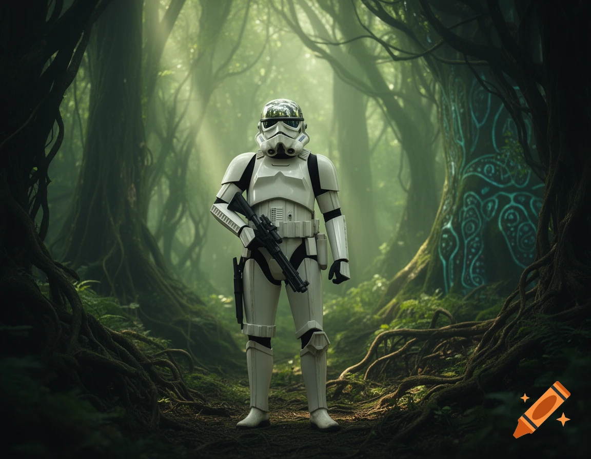 A white-armored Stormtrooper stands holding a blaster rifle in a lush ...