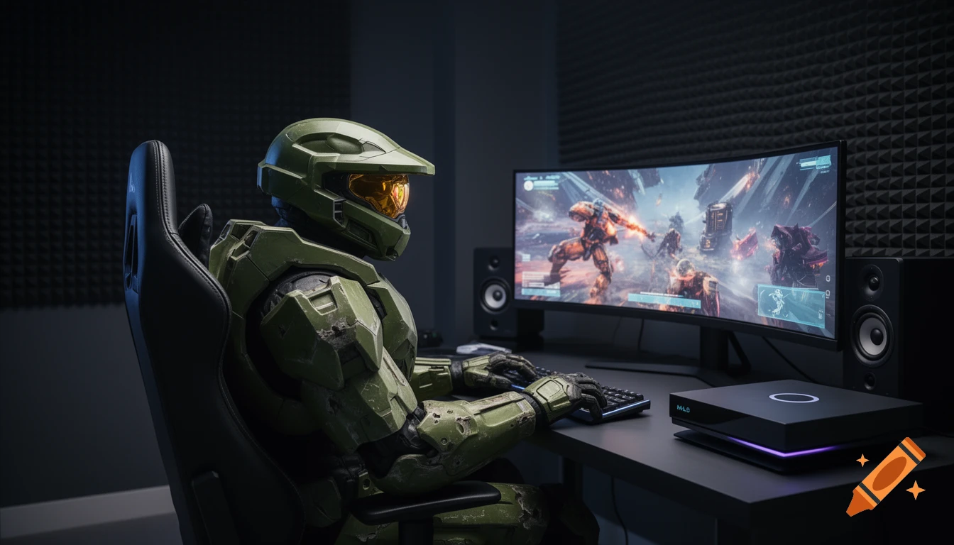 Master Chief from Halo sits in a gaming chair, playing a video game on ...