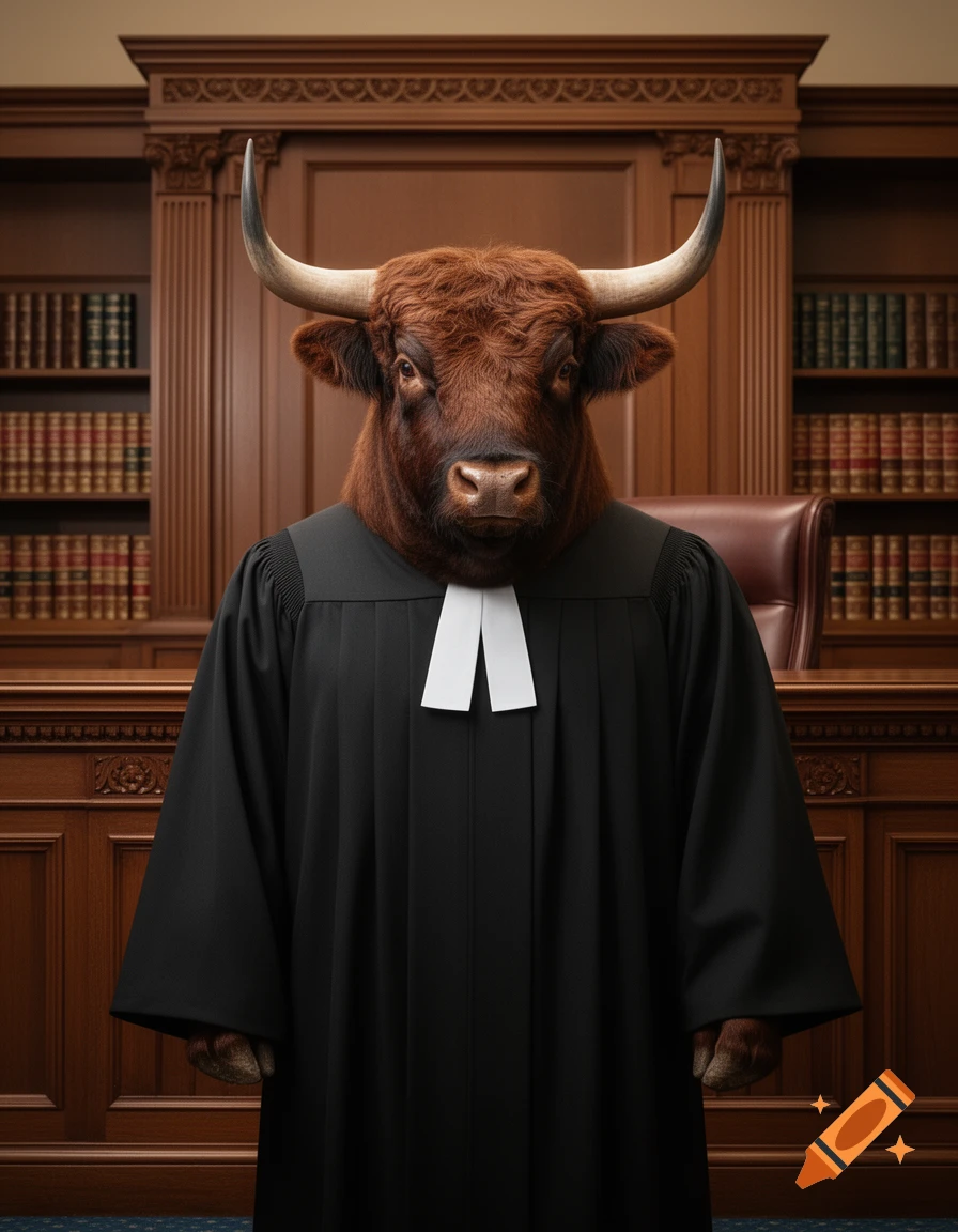 A photorealistic image of a brown bull wearing a black judge's robe ...