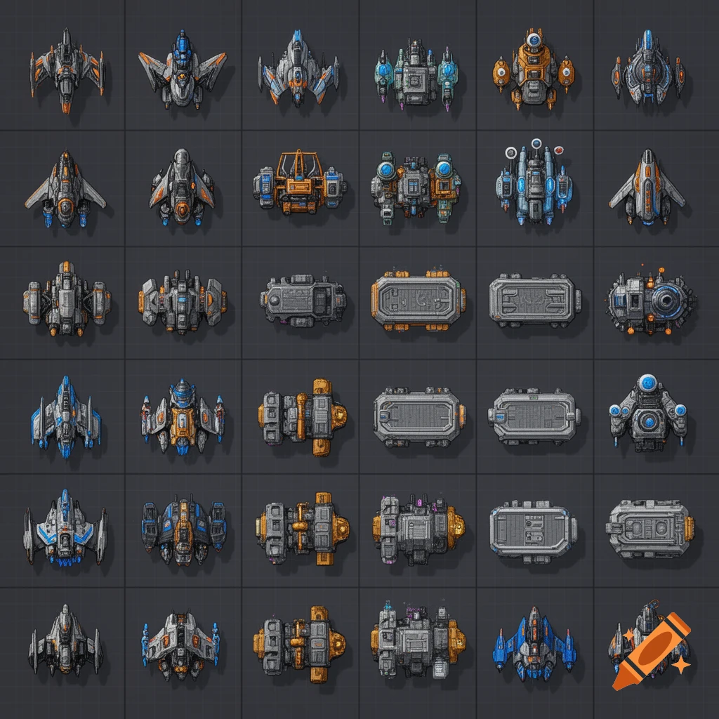 A grid of top-down pixel art spaceship sprites with diverse designs and ...