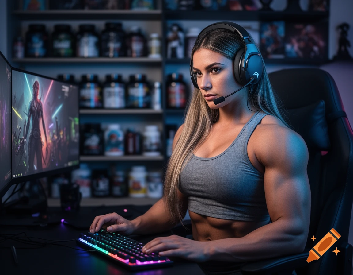 A photorealistic image of a muscular female gamer in a headset playing ...