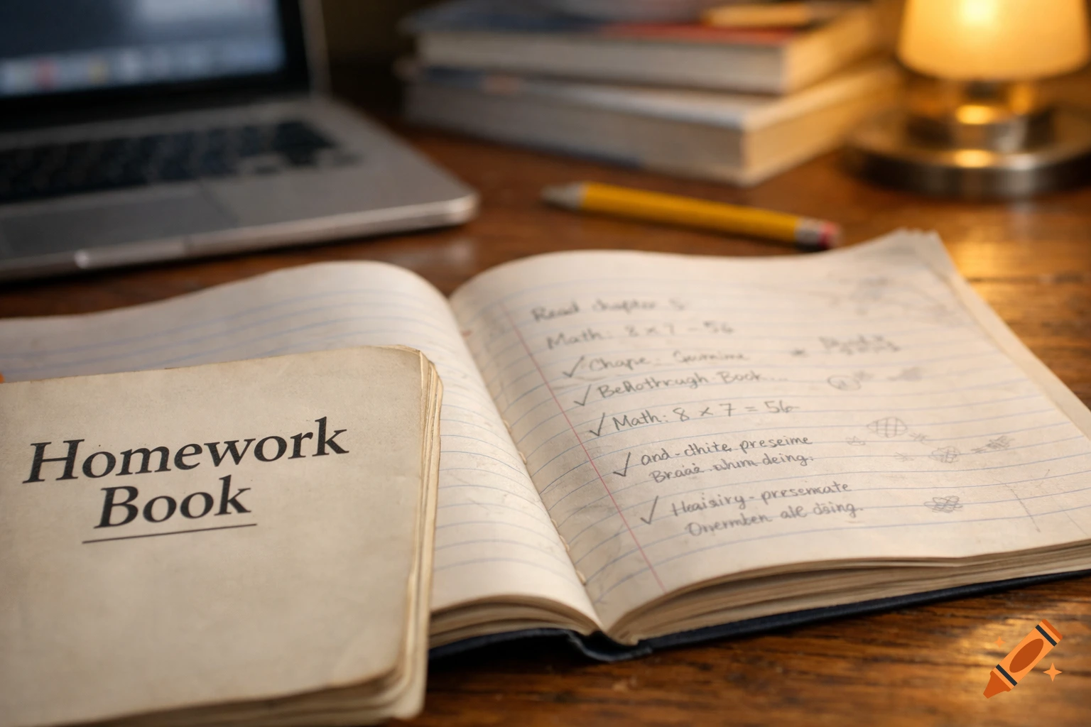 A close-up of a homework book, an open notebook with handwritten notes ...