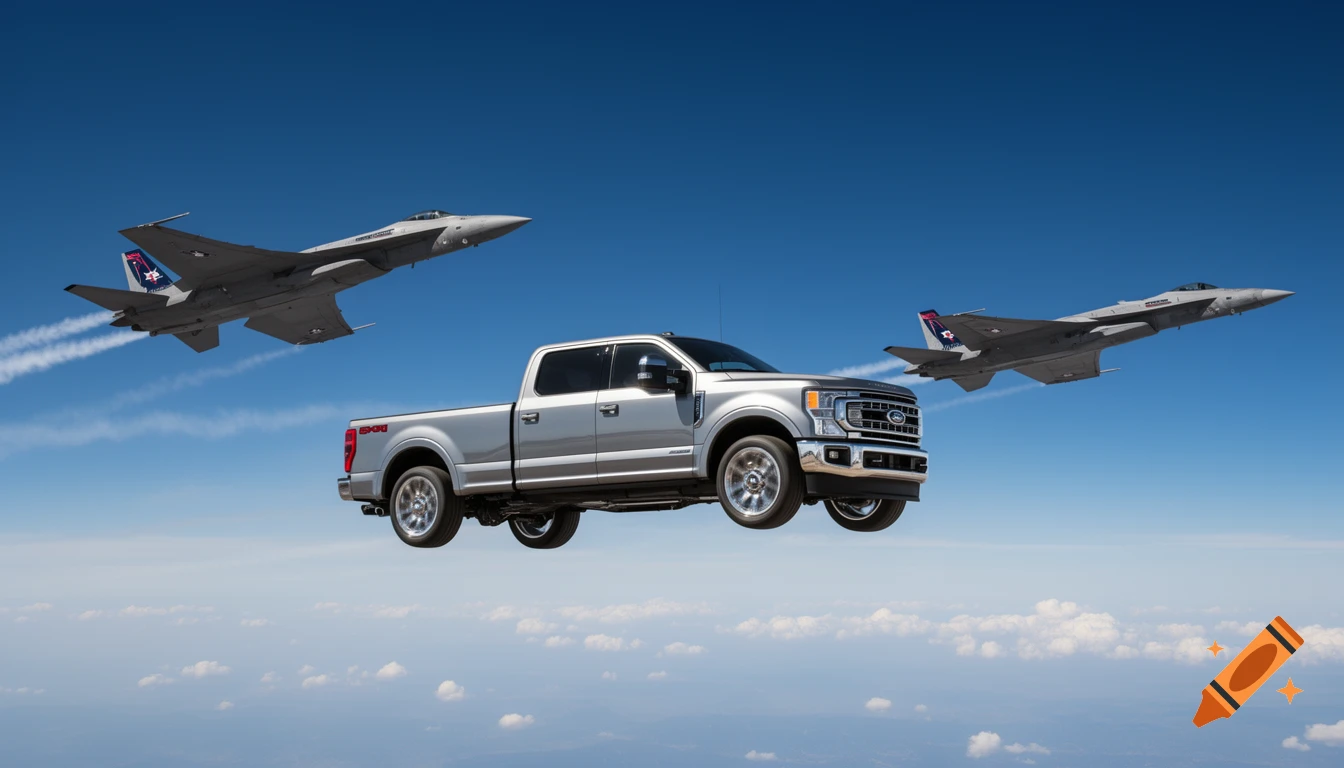 A silver pickup truck flies through a clear blue sky, flanked by two ...