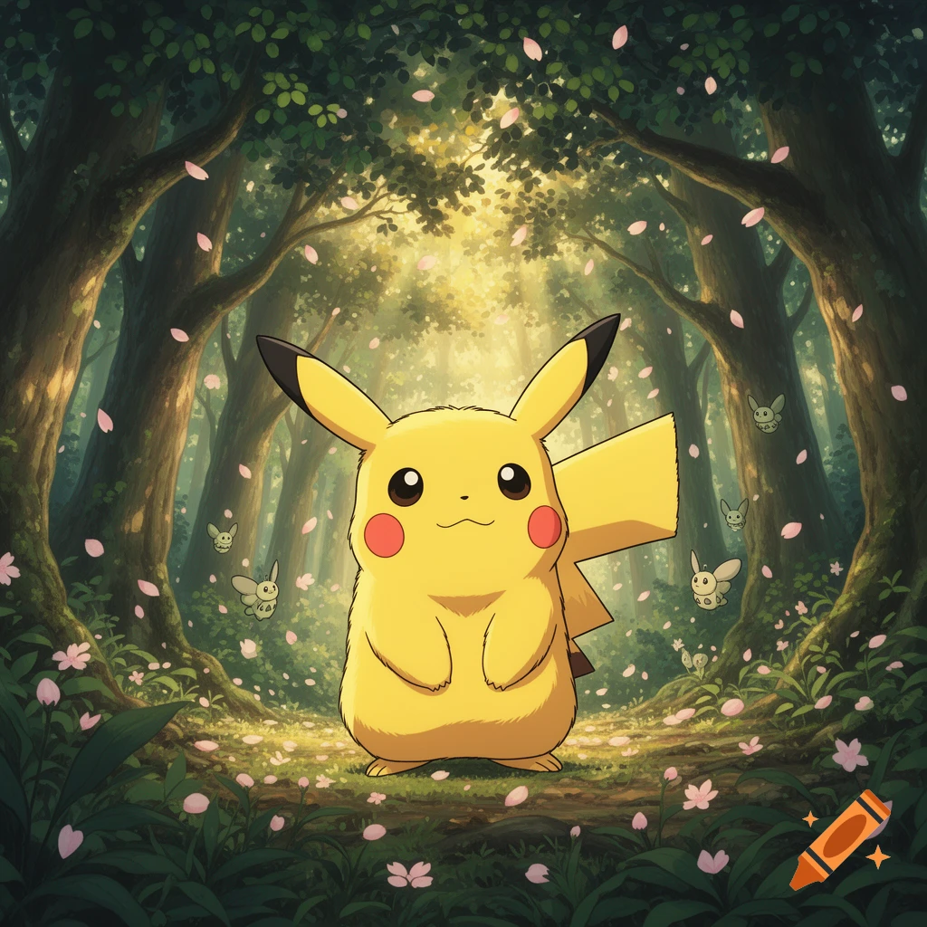 Pikachu stands smiling in a vibrant, sunlit forest with pink petals ...