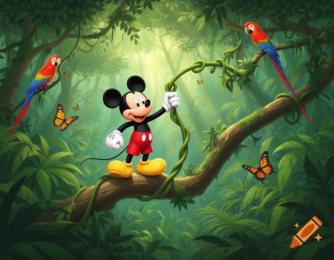 Mickey Mouse stands on a jungle tree limb, holding a vine, surrounded ...