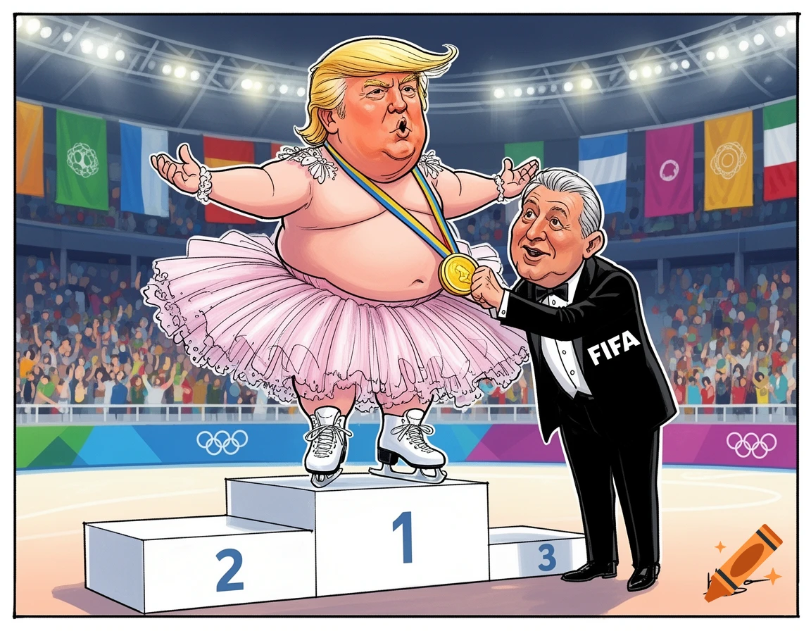 A political cartoon shows an overweight Donald Trump in a pink tutu and ...