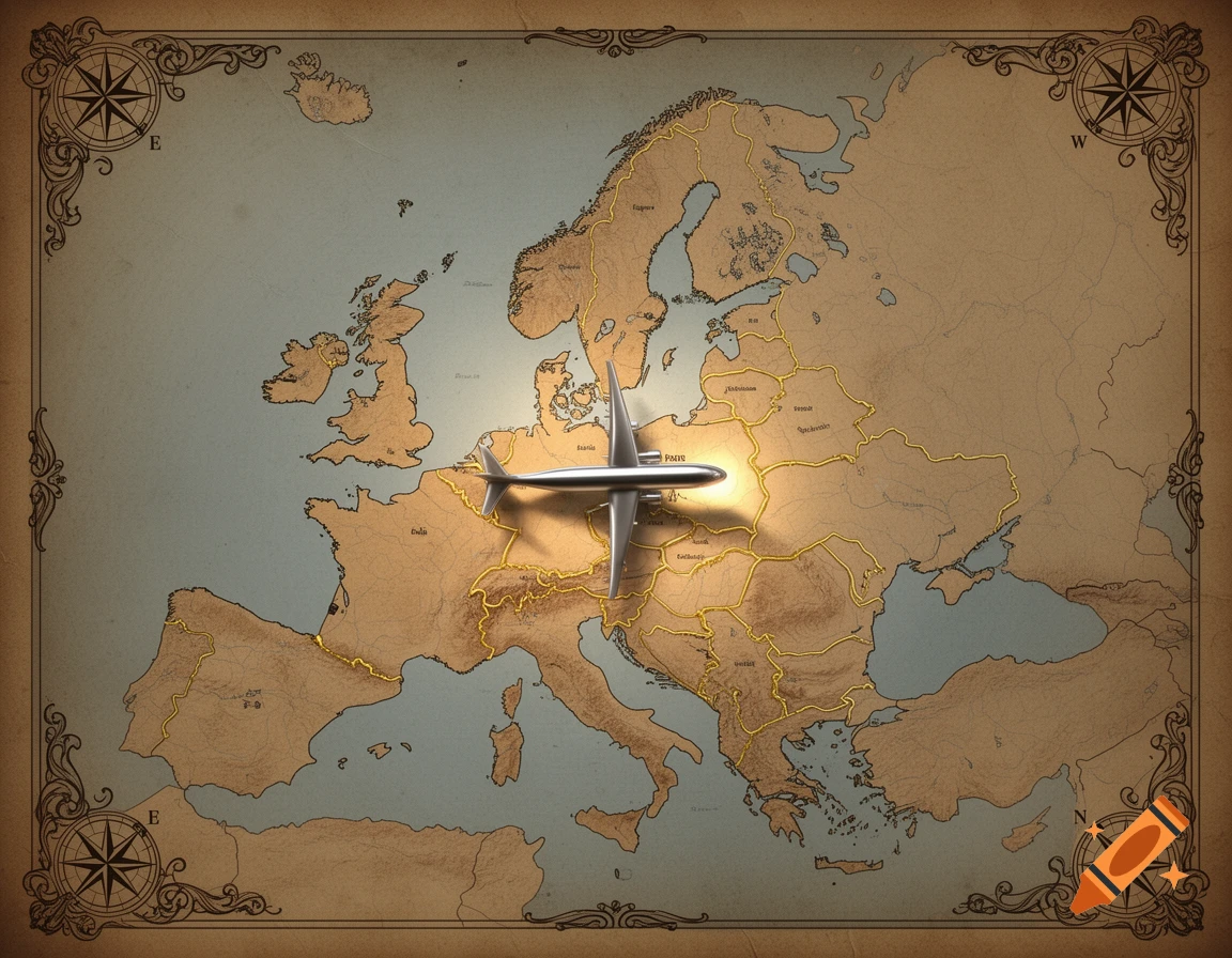 An antique-style map of Europe with a silver airplane flying over the ...
