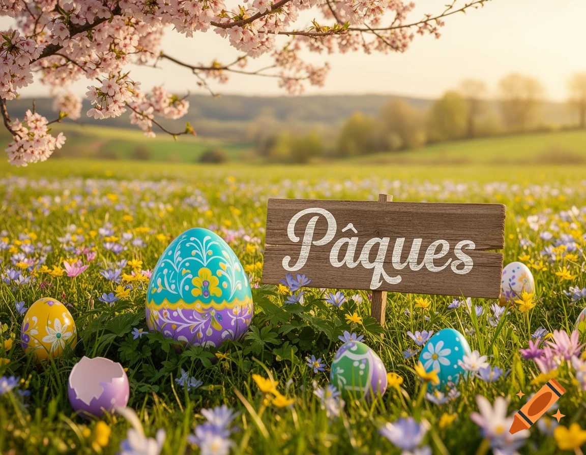 Decorated Easter eggs in a sunny spring meadow with wildflowers and ...