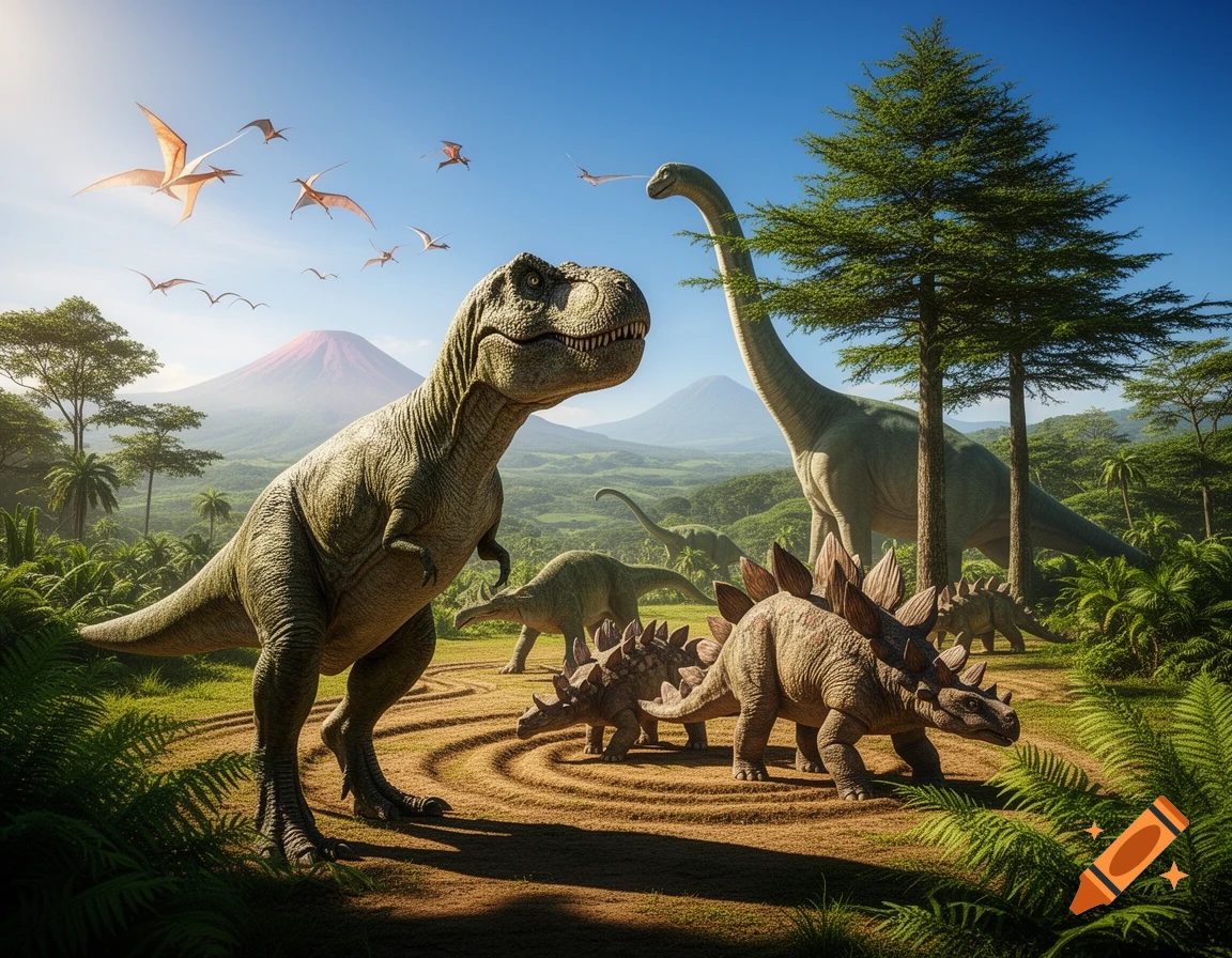 A vibrant, photorealistic scene of multiple dinosaurs, including a T ...
