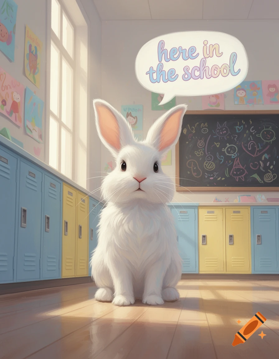 A fluffy white bunny sits on a wooden floor in a sunlit classroom with ...