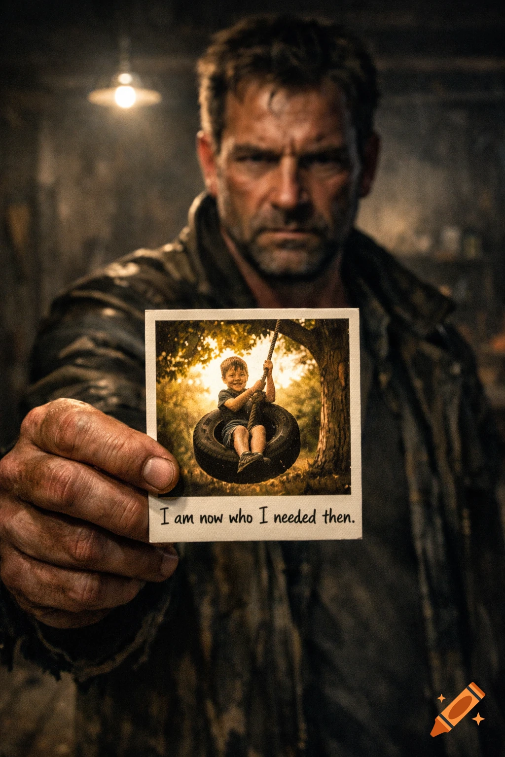 A gritty man with an intense expression holds up a photo of a smiling ...