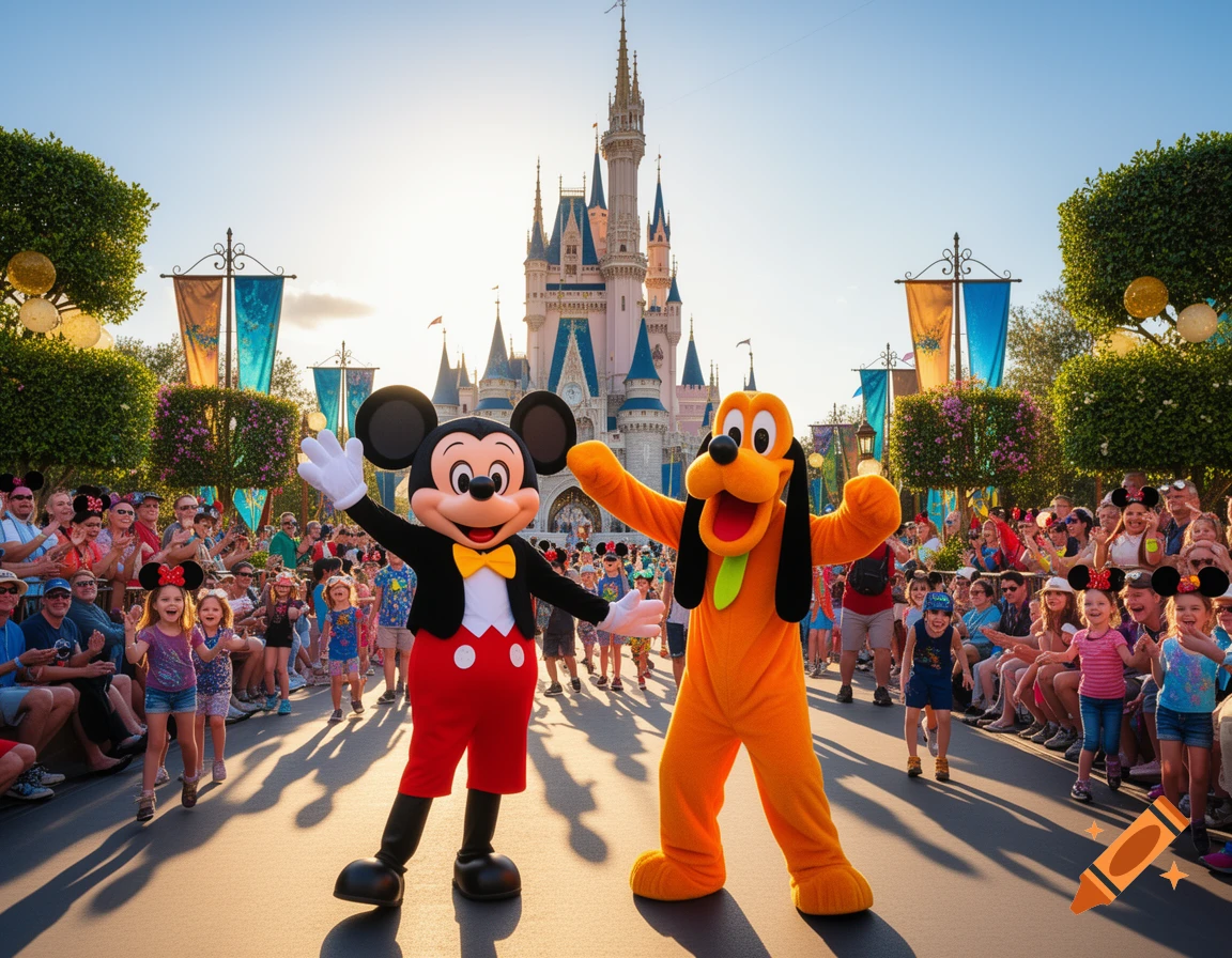 Mickey Mouse and Pluto mascots waving at a crowd in front of Cinderella ...