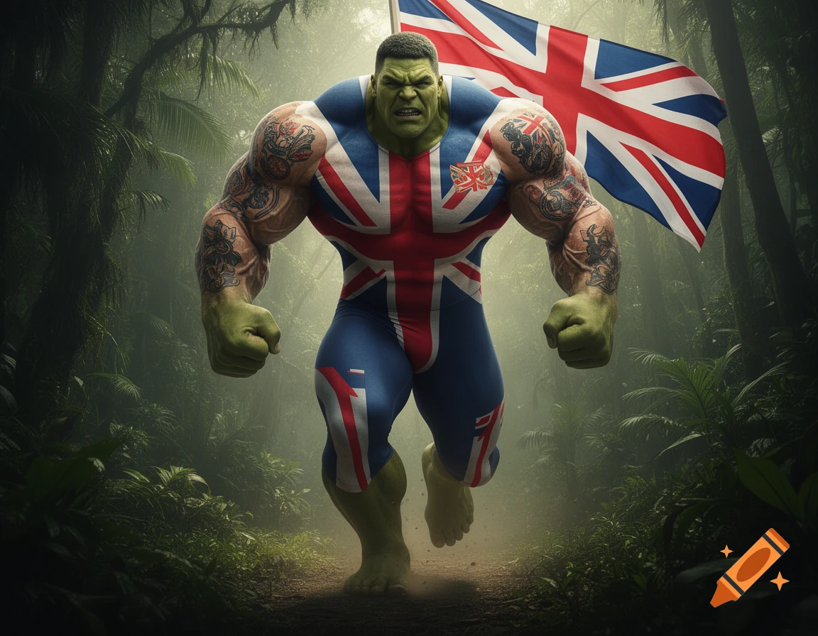 A muscular, green Hulk-like character wearing a British flag ...