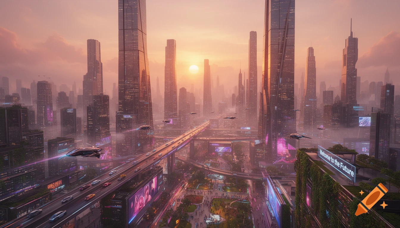 A panoramic futuristic cityscape at sunset with towering skyscrapers ...