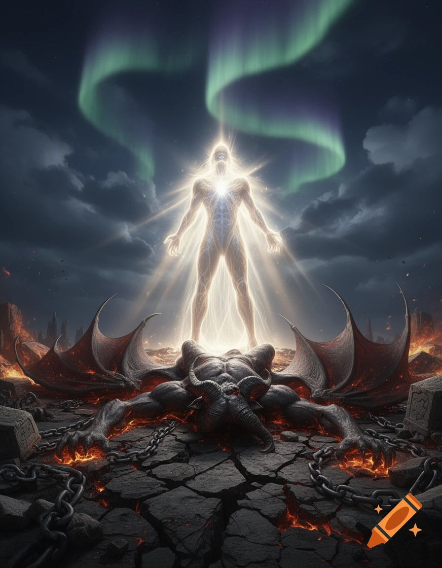 A radiant, ethereal figure stands over a chained, defeated horned demon ...