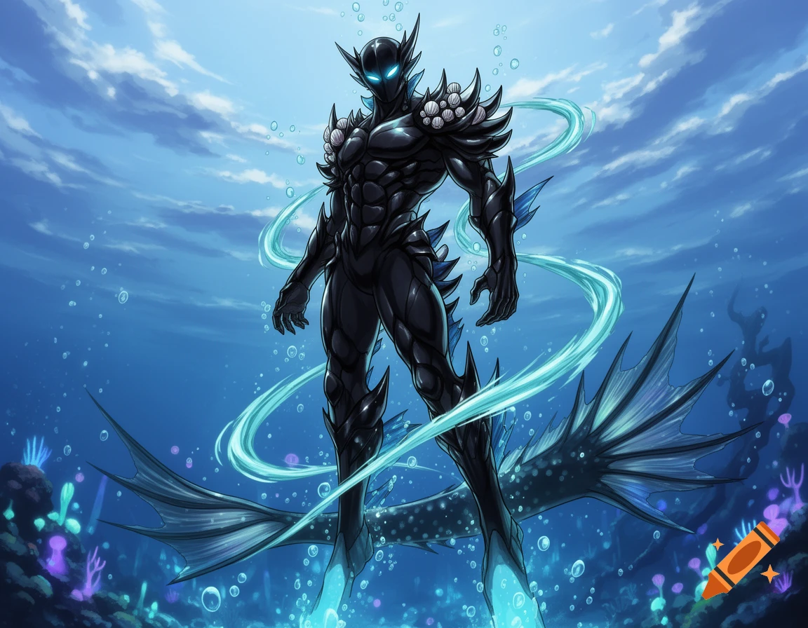 Dark, armored merman-like character with glowing blue eyes stands ...