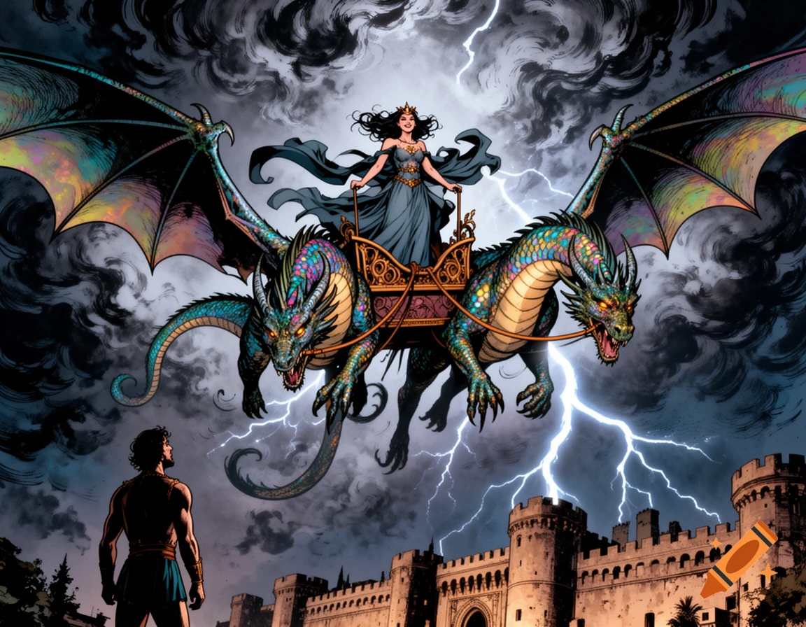 A woman in a flying chariot pulled by two vibrant dragons hovers over a ...
