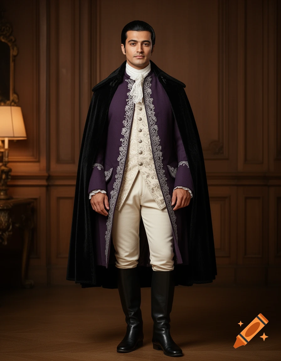 A man in 1700s historical fashion, wearing a dark purple coat, cream ...
