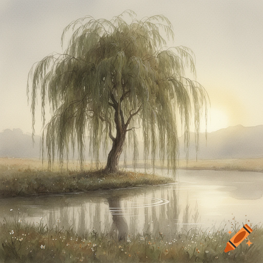 Watercolor painting of a weeping willow tree beside a reflective lake ...