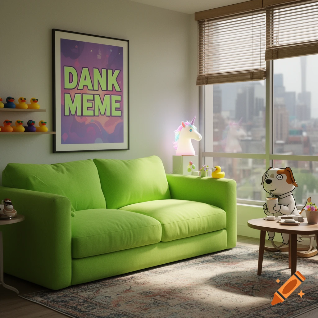 A vibrant living room with a green couch, a "DANK MEME" poster, a ...