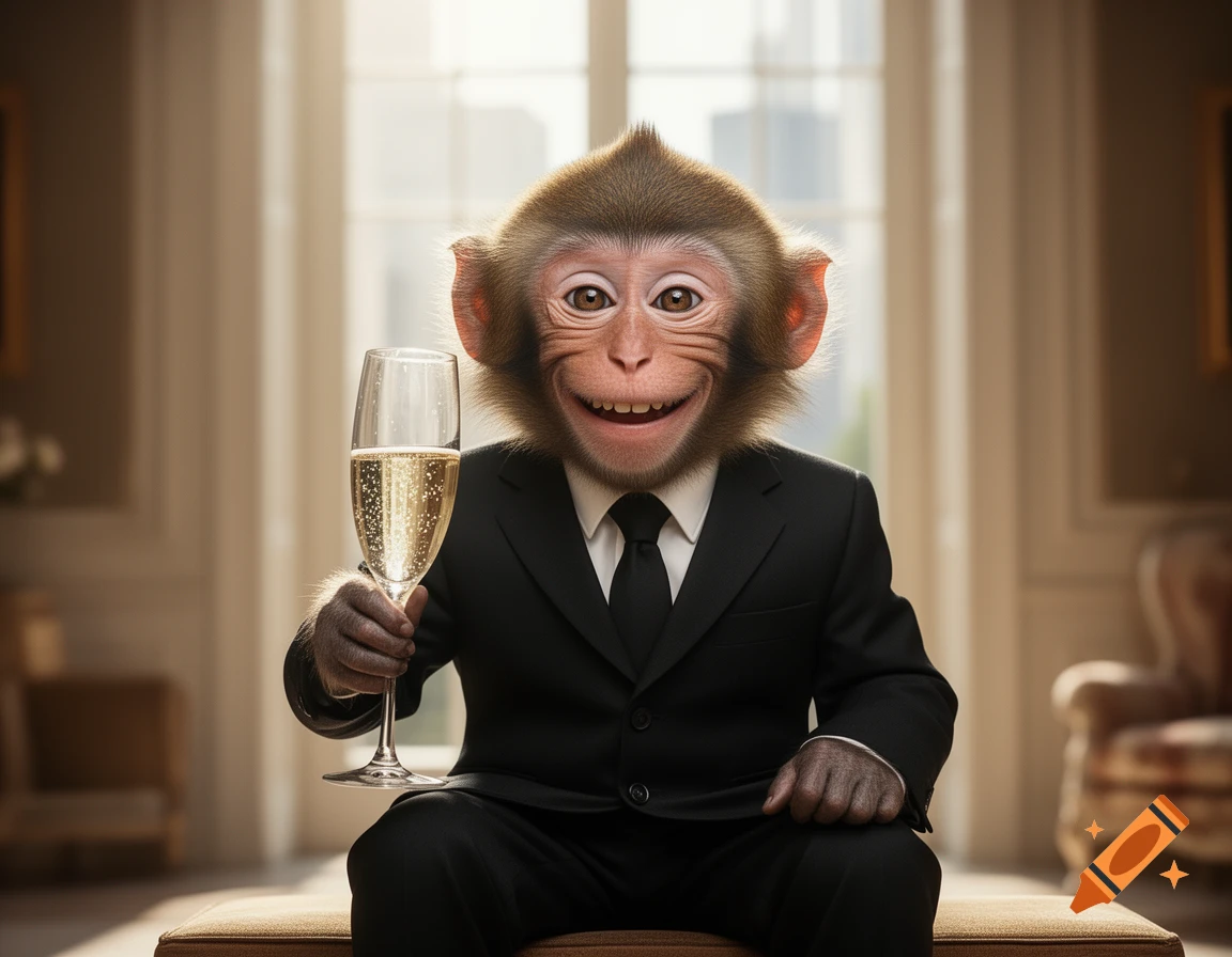 Happy photorealistic monkey in a black suit and tie, holding a ...
