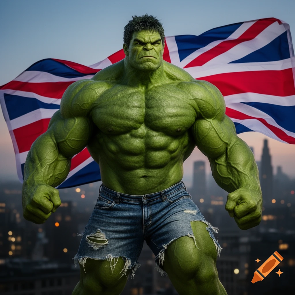 A photorealistic depiction of the Hulk, powerfully muscular, standing ...