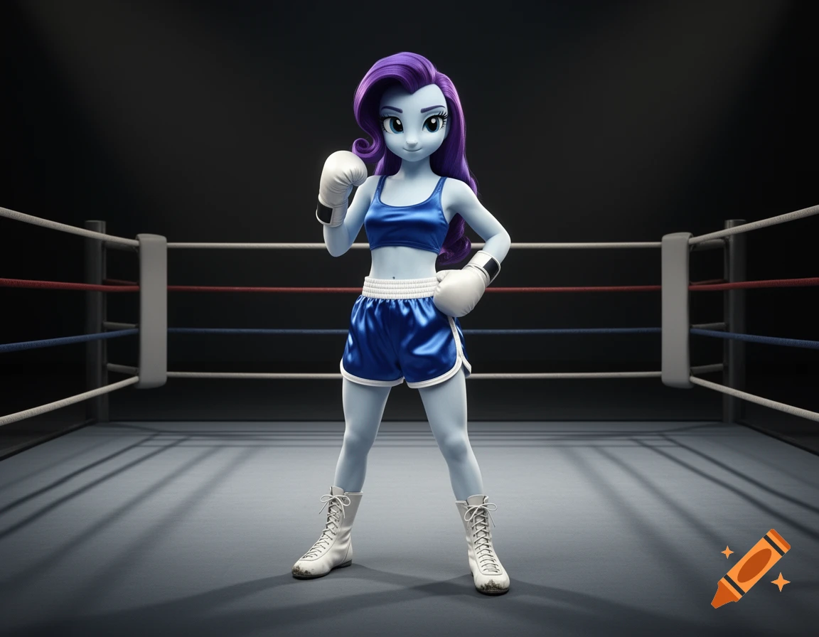 Rarity from MLP in a blue boxing outfit, white gloves and shoes, stands ...