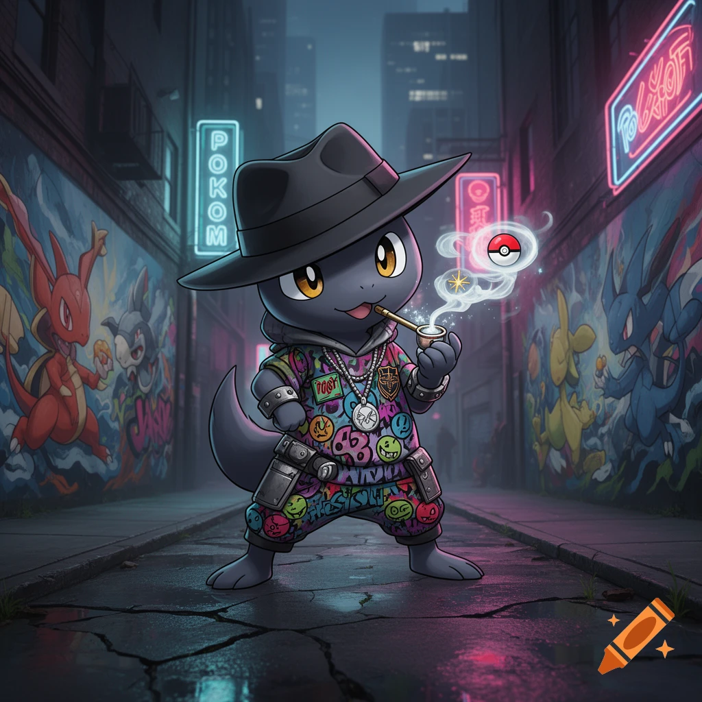 A stylized Pokémon-like character dressed as a gangster, wearing a ...