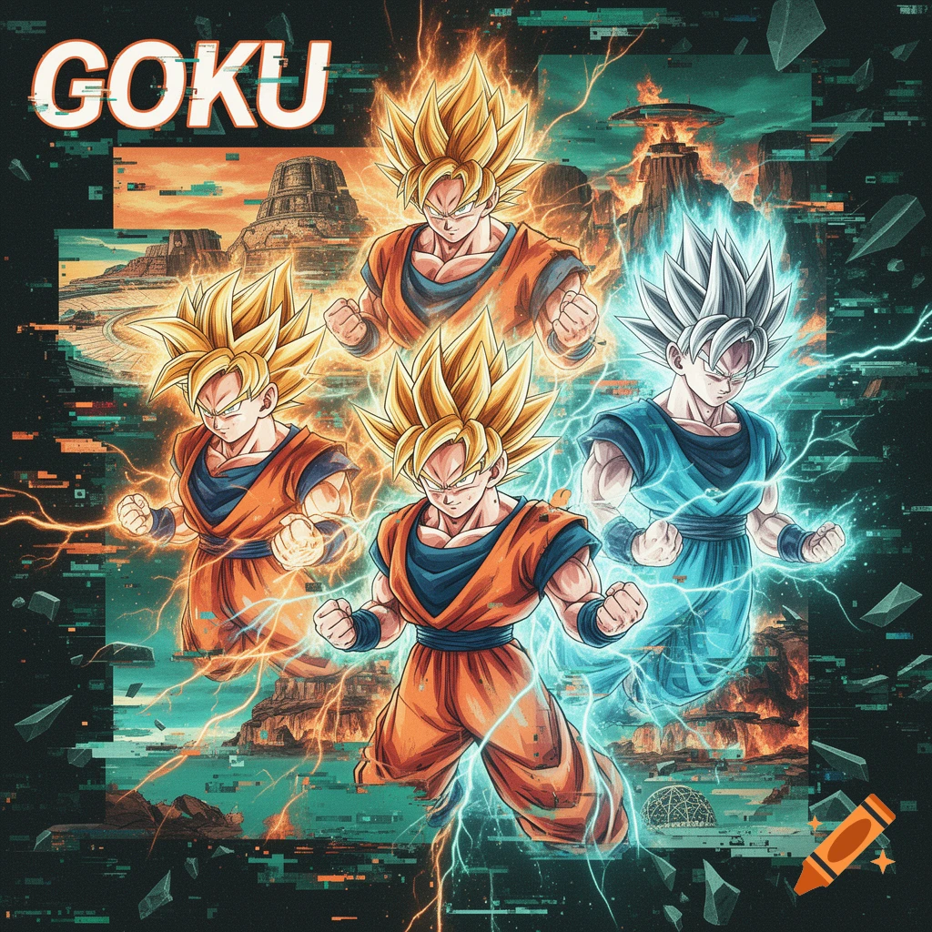 A glitched anime album cover featuring four versions of Goku, three in ...