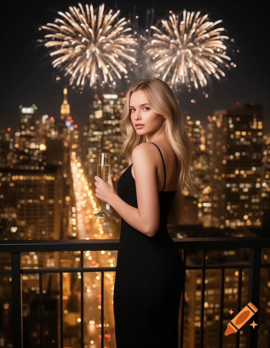 Photorealistic image of a blonde woman in a black dress on a city ...