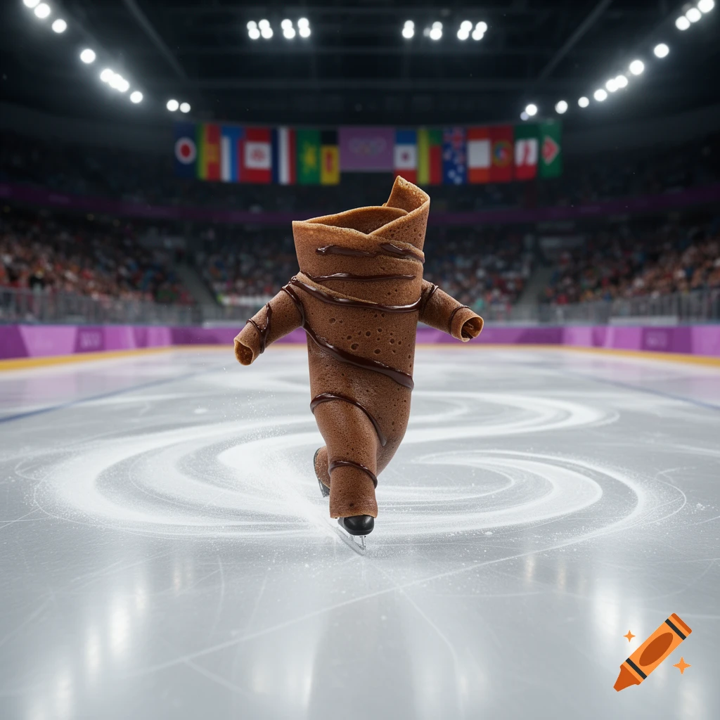 An anthropomorphic chocolate crepe ice skating in an Olympic arena with ...